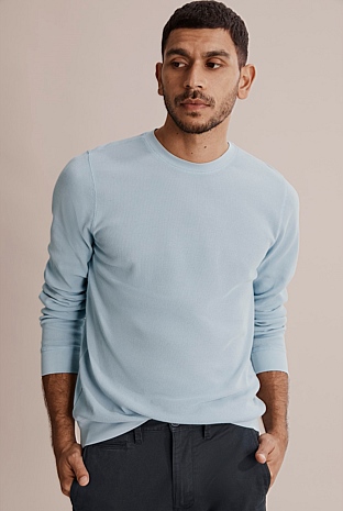 Pale Blue Long Sleeve Waffle Crew T-Shirt - Natural Fibres | Country Road