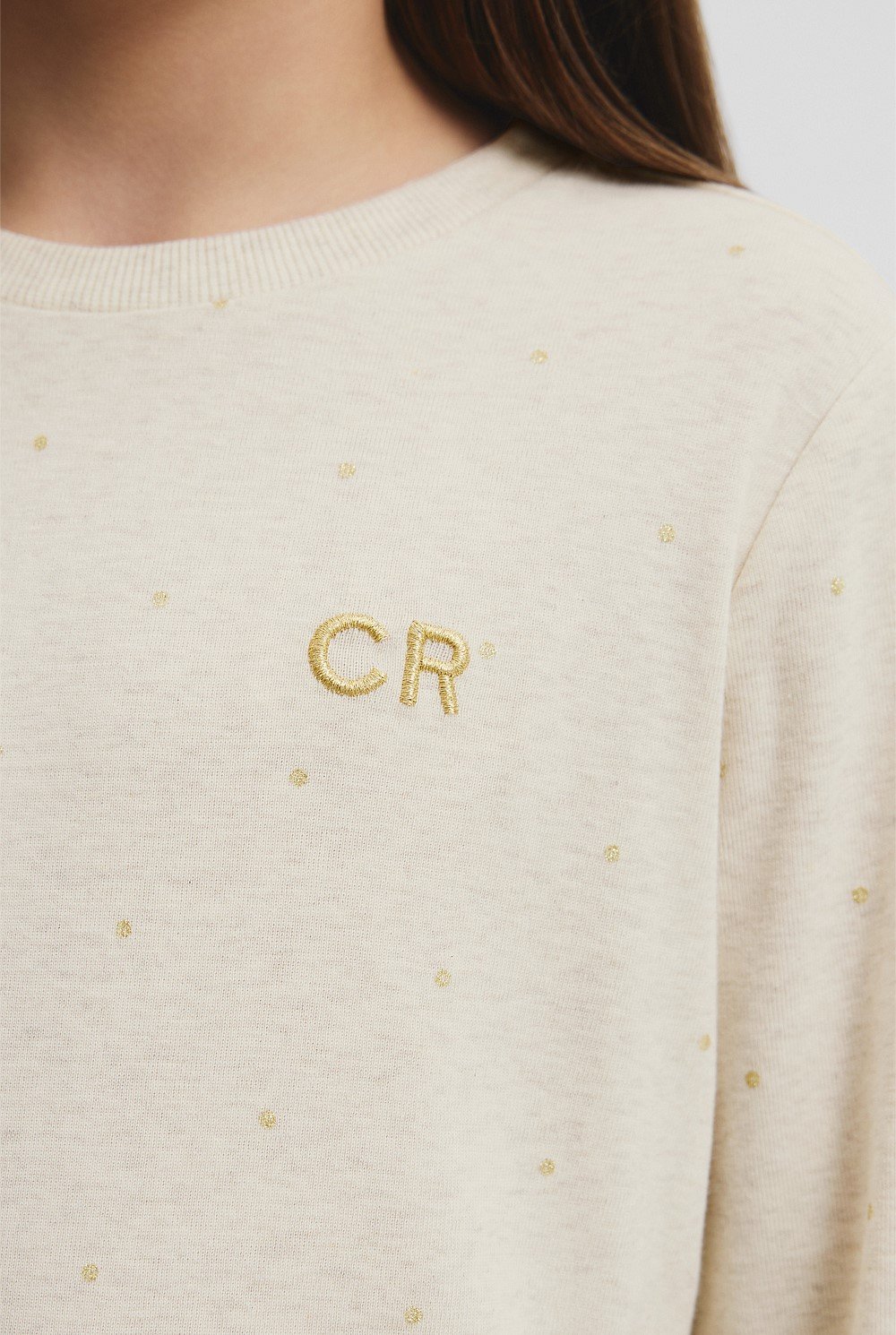 Oatmeal Spot Organically Grown Cotton Long Sleeve Curved Logo T-Shirt ...