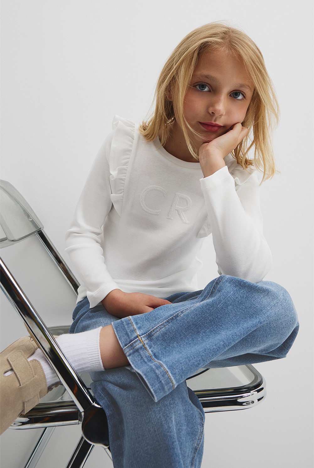 Marshmallow Long Sleeve Logo Frill T-Shirt - T-Shirts | Country Road