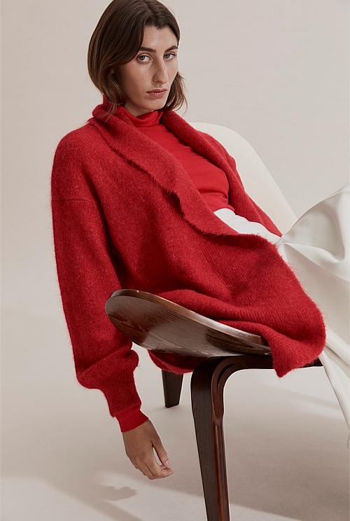 Lipstick Red Longline Fluffy Cardigan - Knitwear | Country Road