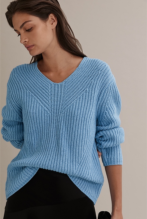 Palace Blue Deep V-Neck Knit Pullover - Knitwear | Country Road