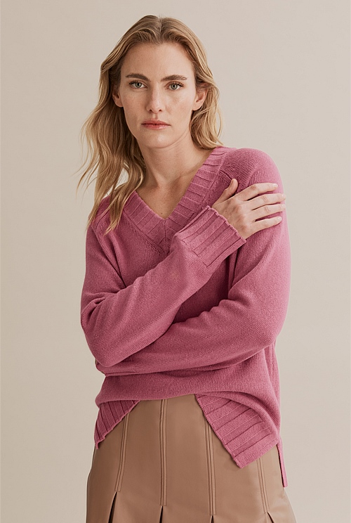 Rose Wine Deep V-Neck Pullover - Knitwear | Country Road