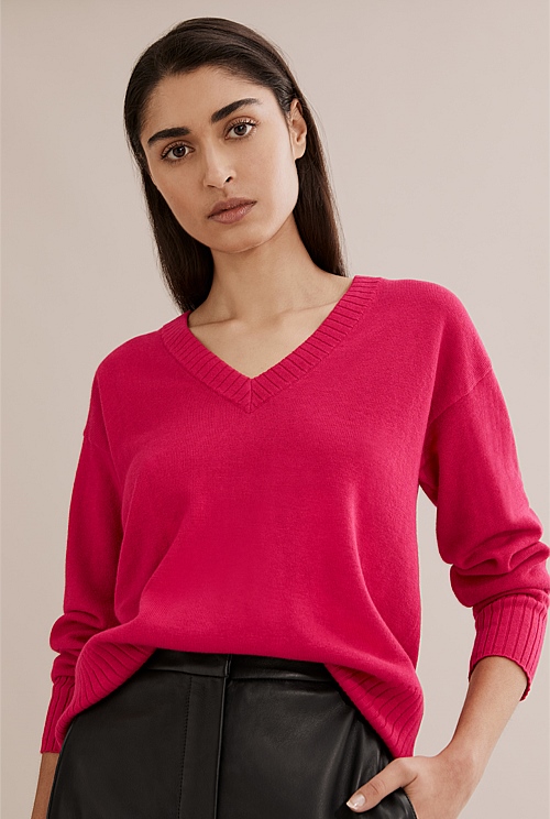 Cranberry Cotton Wool V-Neck Pullover - Knitwear | Country Road