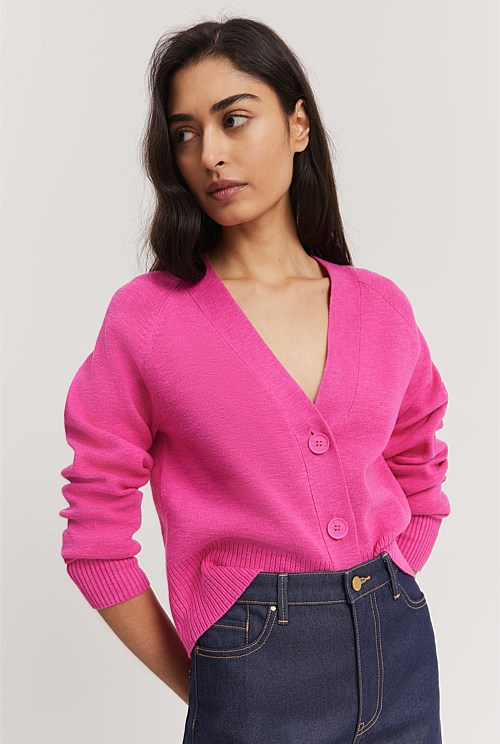 Vivid Pink Button Front Cardigan - Knitwear | Country Road