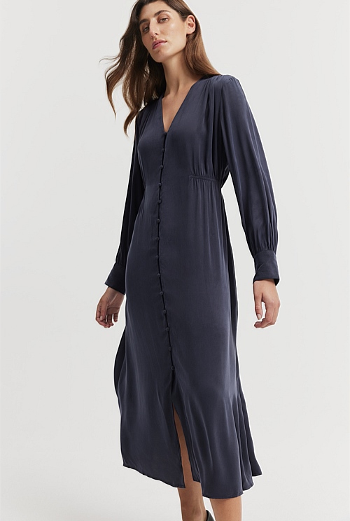 Midnight Blue Cupro Gathered Waist Dress - Dresses | Country Road
