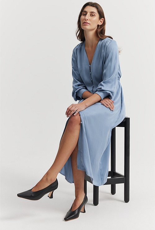 Cerulean Blue Cupro Gathered Waist Dress - Dresses | Country Road