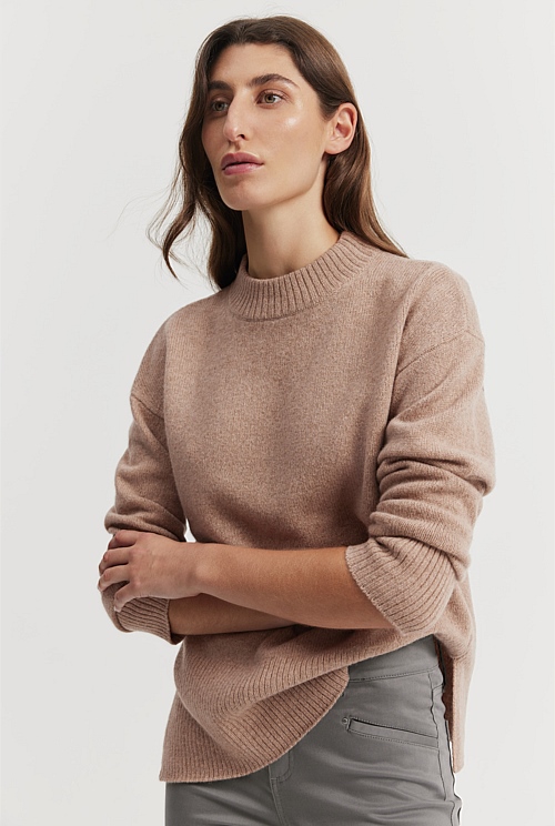 Camel Marle Australian Merino Wool Rib Detail Pullover - Knitwear ...