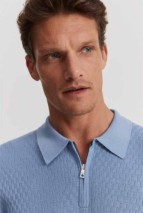 Light Blue Melange Cotton Silk Textured Knit Polo - Natural Fibres ...
