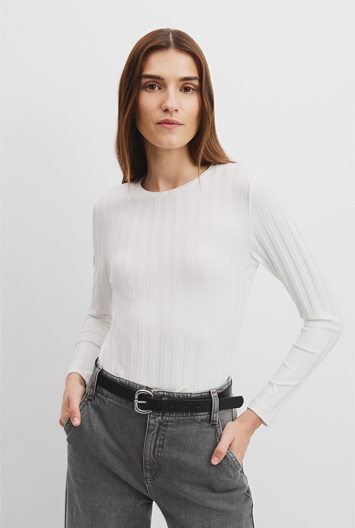 White Wide Rib Long Sleeve T-Shirt - T-Shirts & Tops | Country Road
