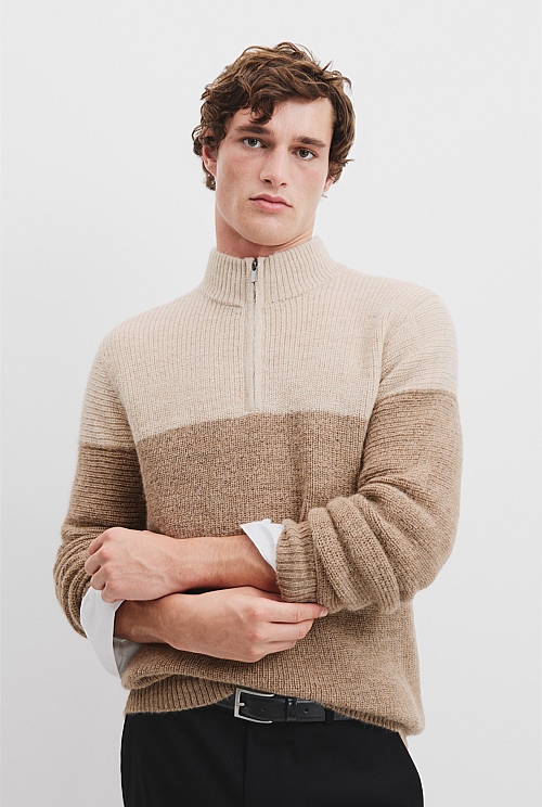 Camel Multi Alpaca Wool Blend Half Zip Neck Knit - Knitwear | Country Road