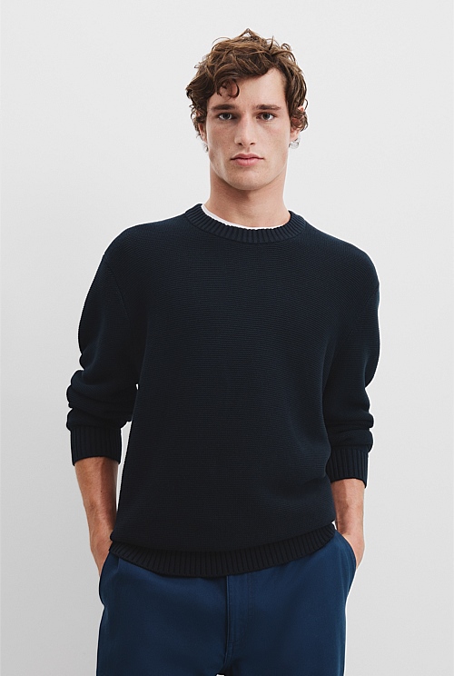 Navy Australian Cotton Crew Neck Knit - Knitwear | Country Road