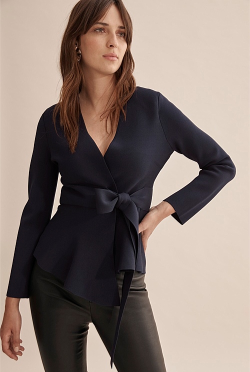 Navy Compact Knit Asymmetric Jacket - Jackets & Coats | Country Road