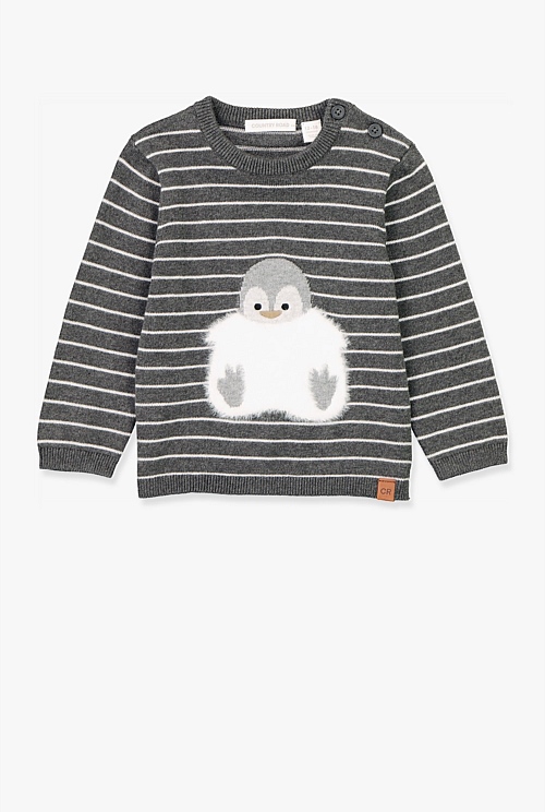 Charcoal Marle Penguin Intarsia Crew Knit - Knitwear | Country Road