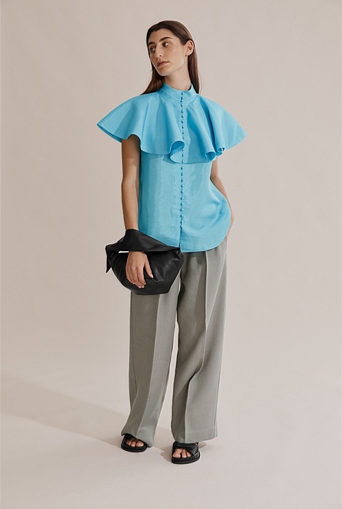 Opal Blue Bib Ruffle Sleeve Shirt - Shirts | Country Road