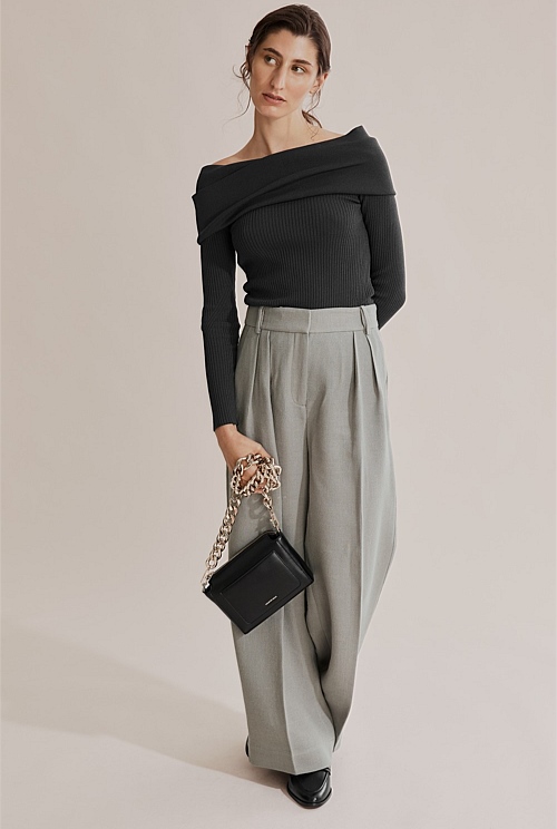 Charcoal Off Shoulder Knit Top - Knitwear | Country Road