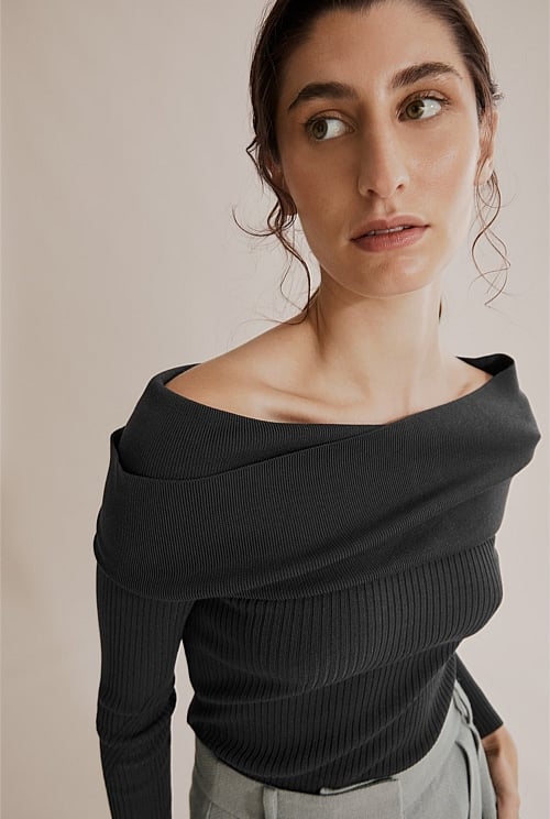 Charcoal Off Shoulder Knit Top - Knitwear | Country Road