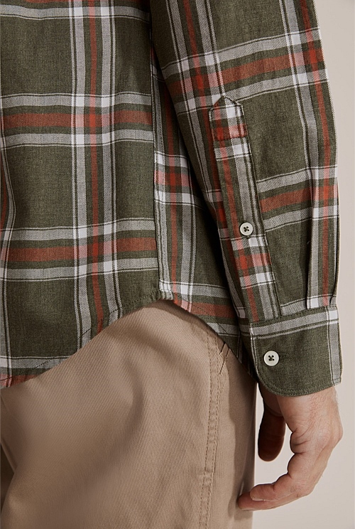 Moss Green Regular Brushed Check Shirt - Natural Fibres | Country Road