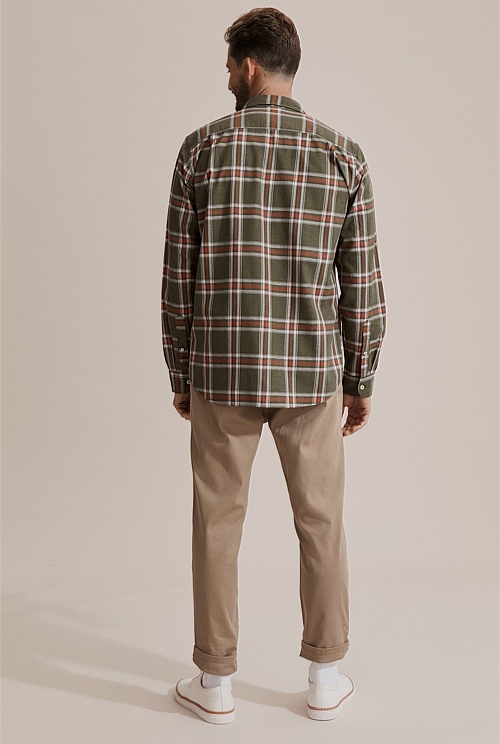 Moss Green Regular Brushed Check Shirt - Natural Fibres | Country Road