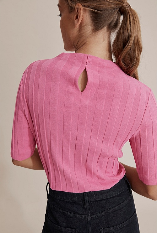 French Rose Button Back Rib Top - Natural Fibres | Country Road
