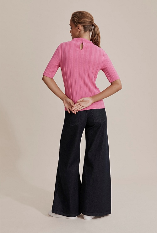 French Rose Button Back Rib Top - Natural Fibres | Country Road