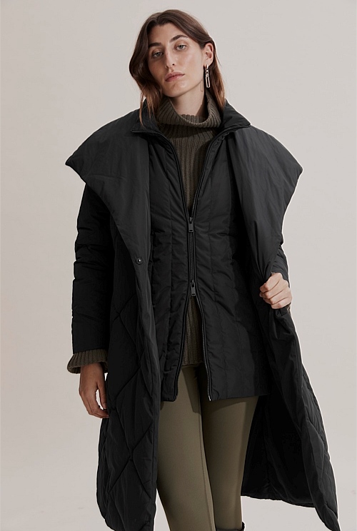Black Recycled Polyester Wrap Longline Puffer - Jackets & Coats ...