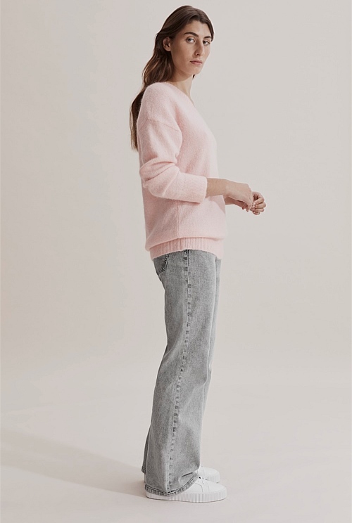 Smokey Pink V-Neck Fluffy Pullover - Knitwear | Country Road