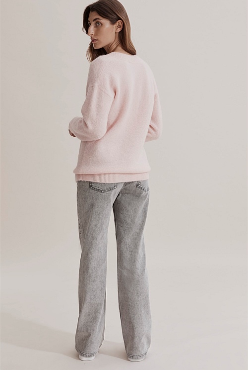 Smokey Pink V-Neck Fluffy Pullover - Knitwear | Country Road