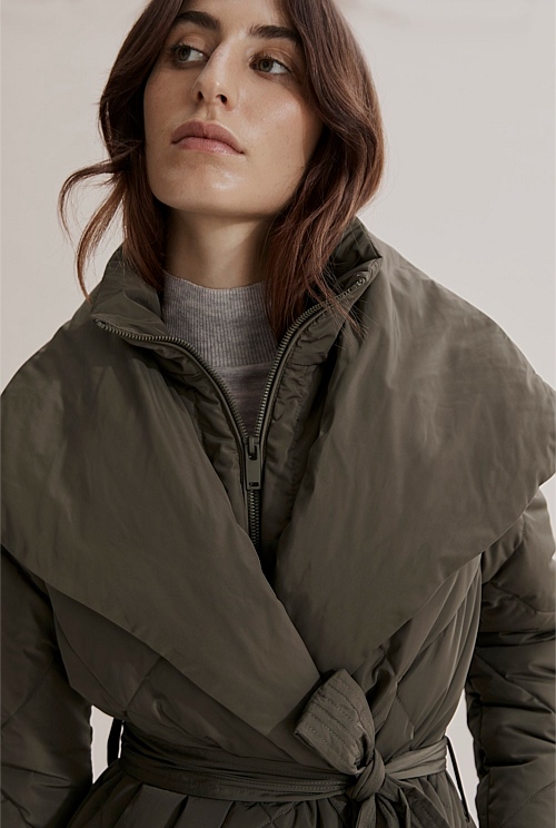 Deep Khaki Recycled Polyester Wrap Longline Puffer - Jackets & Coats ...