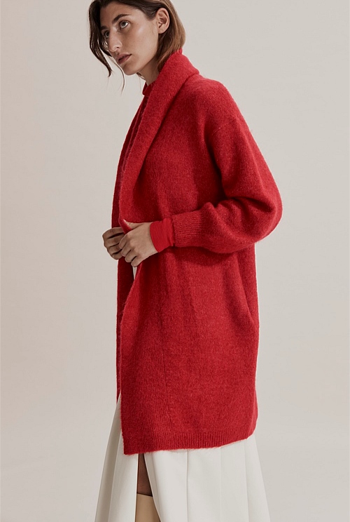Lipstick Red Longline Fluffy Cardigan - Knitwear | Country Road