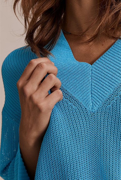 Sea Blue Mesh V-Neck Knit - Knitwear | Country Road