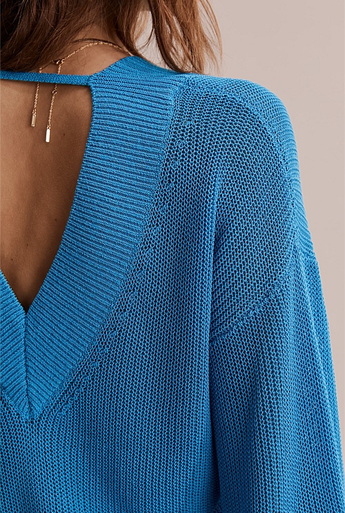 Sea Blue Mesh V-Neck Knit - Knitwear | Country Road