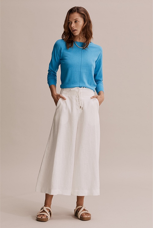 Sea Blue Cotton Wool Knit Pullover - Natural Fibres | Country Road