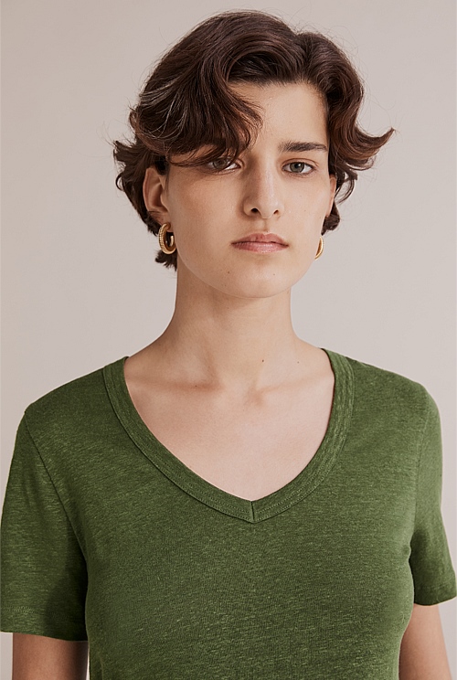 Olive Green Short Sleeve Linen T-Shirt - T-Shirts & Tops | Country Road