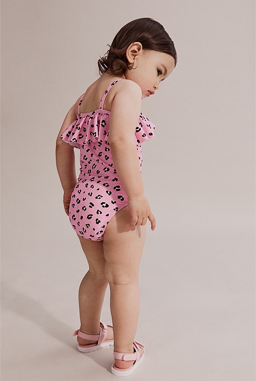 Pale Pink Recycled Nylon Leopard Frill Bather - Swimwear | Country Road