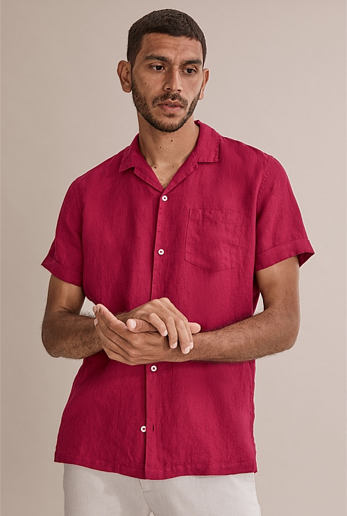 Raspberry Regular Fit Organically Grown Revere Linen Shirt - Casual ...