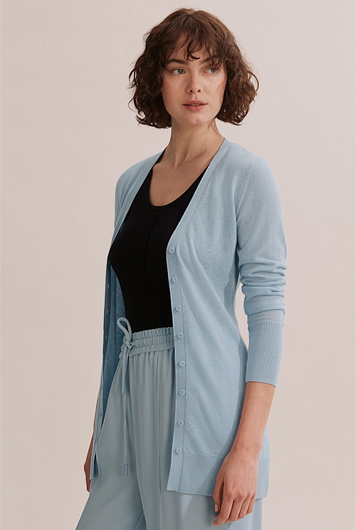 Ice Blue Australian Merino Wool Silk Cardigan - Knitwear | Country Road