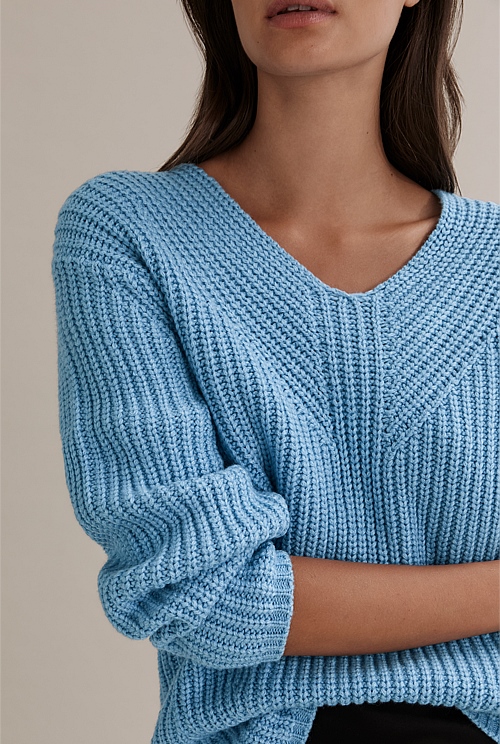Palace Blue Deep V-Neck Knit Pullover - Knitwear | Country Road