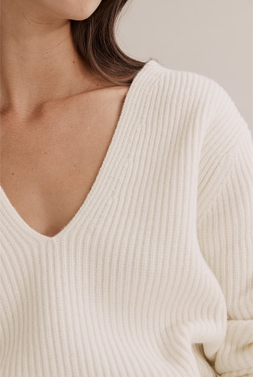 Winter White Deep V-Neck Rib Knit - Knitwear | Country Road