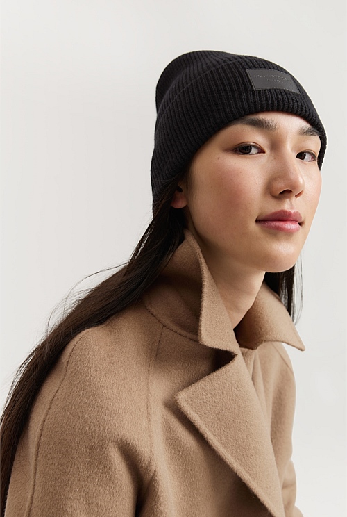 Black Branded Rib Beanie - Hats, Scarves & Gloves | Country Road