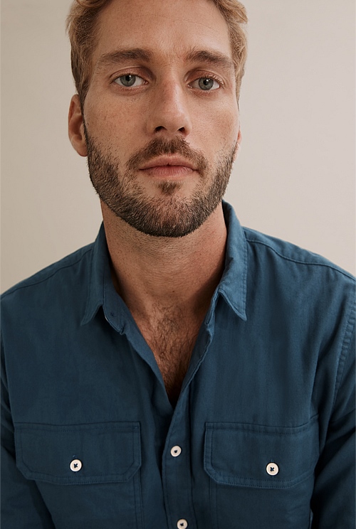 Petrol Blue Regular Fit Double Cloth Shirt - Natural Fibres | Country Road