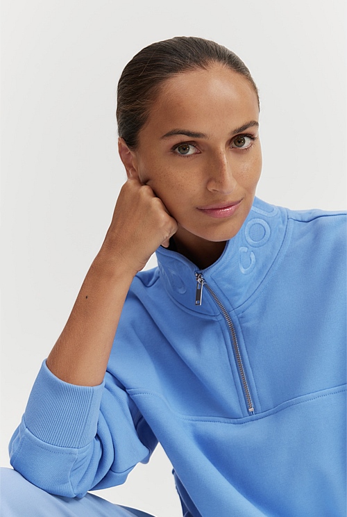 Cerulean Blue Australian Cotton Zip Collar Sweat - Sweats | Country Road