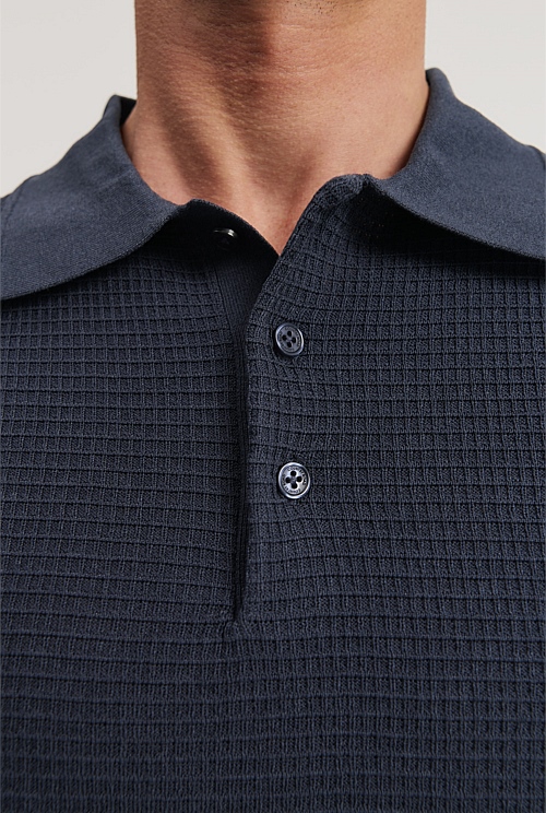 Navy Melange Cotton Silk Waffle Knit Polo - Natural Fibres | Country Road