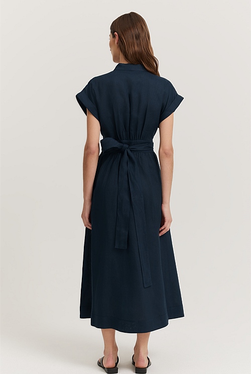 Navy Organically Grown Linen Wrap Midi Dress - Dresses | Country Road