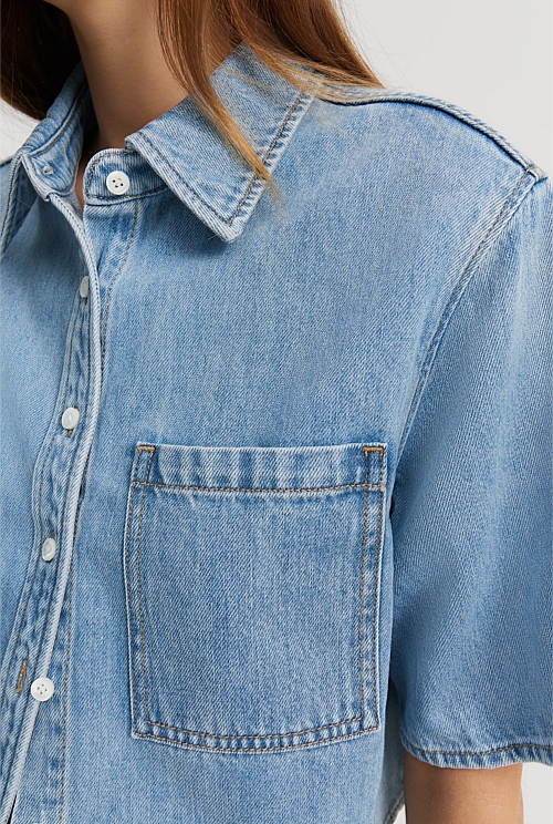 Aged Soft Wash Australian Cotton Blend Denim Short Sleeve Denim Shirt ...