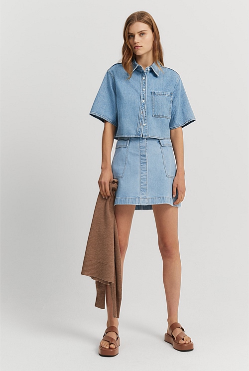 Aged Soft Wash Australian Cotton Blend Denim Short Sleeve Denim Shirt ...