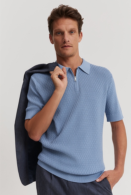 Light Blue Melange Cotton Silk Textured Knit Polo - Natural Fibres ...