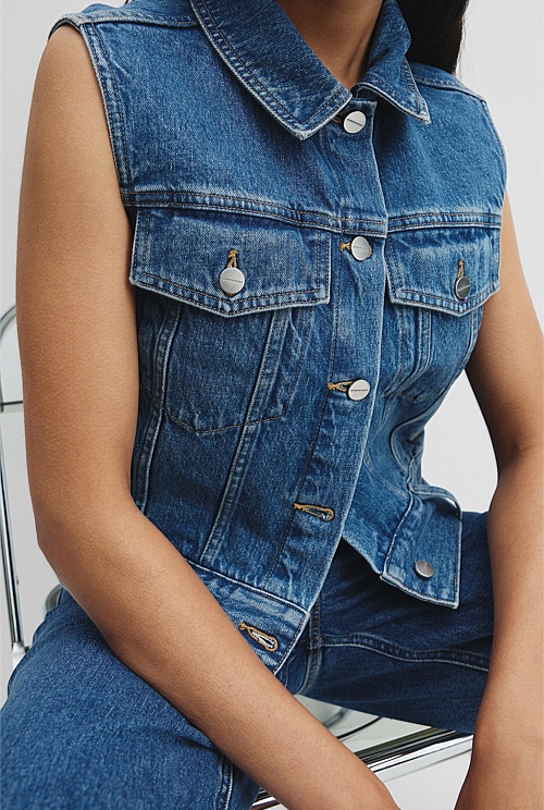 Mid Blue Wash Denim Vest - Natural Fibres | Country Road