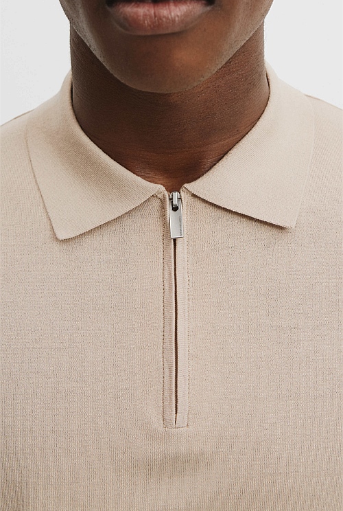 Stone Melange Cotton Silk Zip Knit Polo - Curated | Country Road