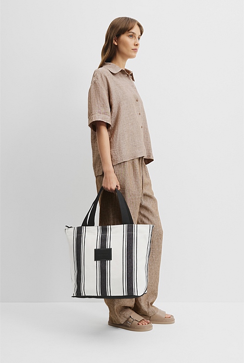 Black Australian Cotton Patch Logo Stripe Shopper - Bags | Country Road