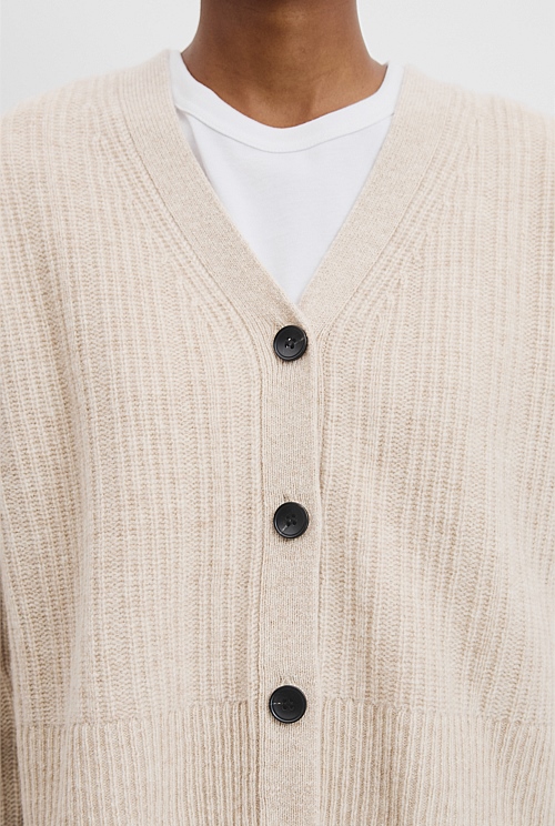 Chalk Marle Australian Merino Wool Rib Knit Cardigan - Knitwear ...